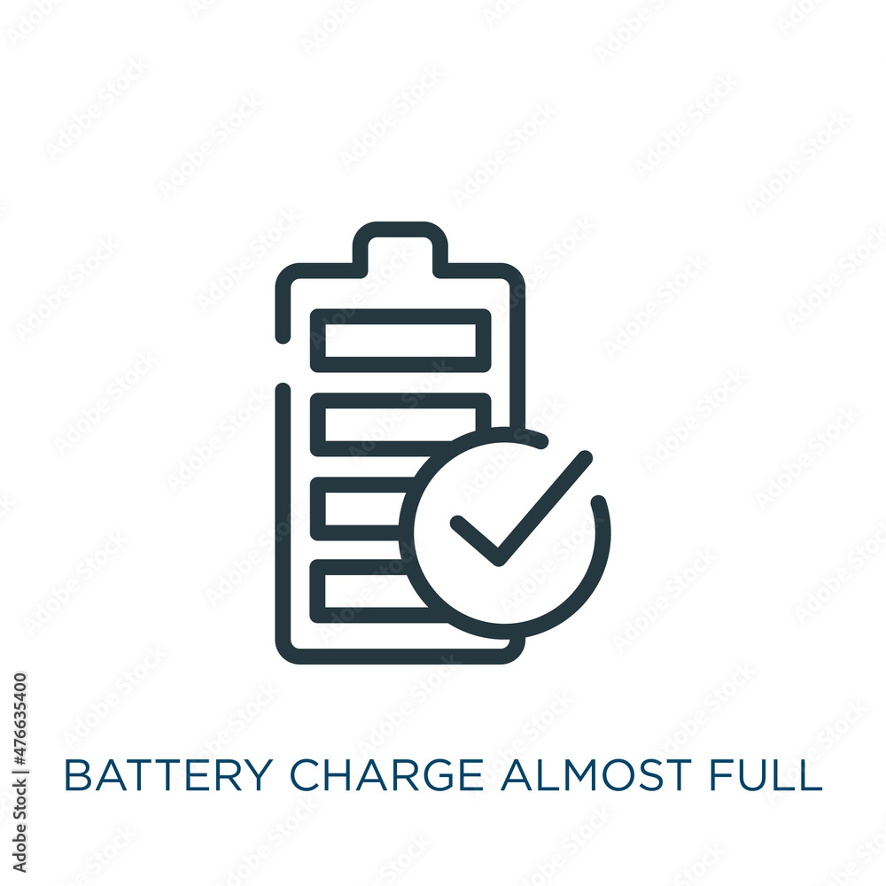 battery charge almost full thin line icon. indicator, supply linear ...