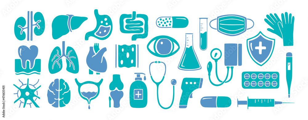 Set of anatomical and medical icons. Internal organs, hospital and ...