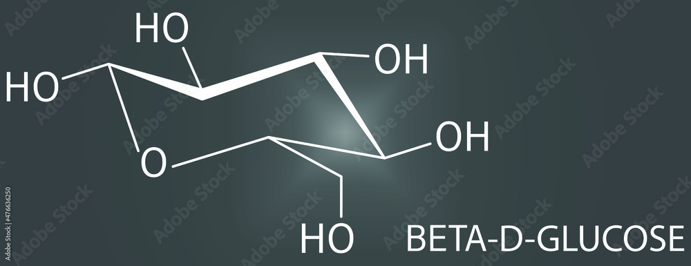 Glucose, dextrose or grape sugar molecule. Beta-D-glucopyranose form ...