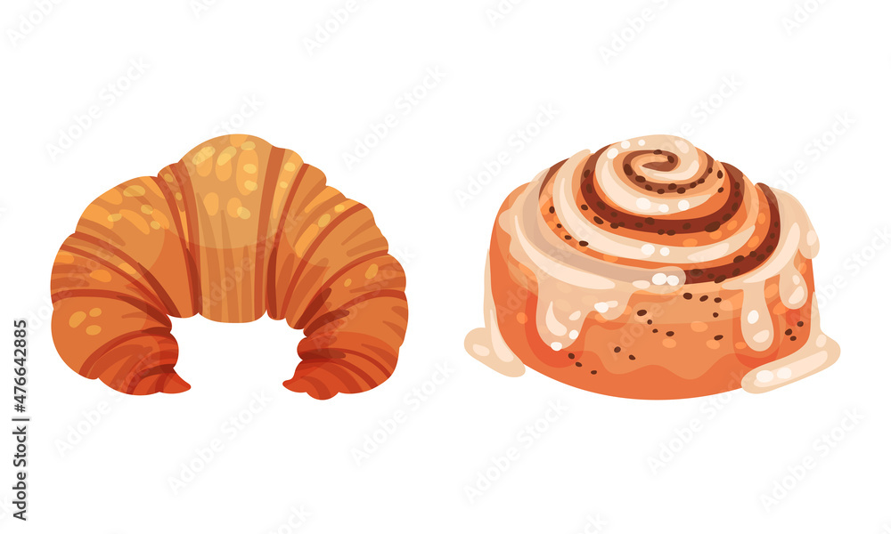 Vetor de Pastry products for bakery menu set. Croissant, cinnamon roll ...