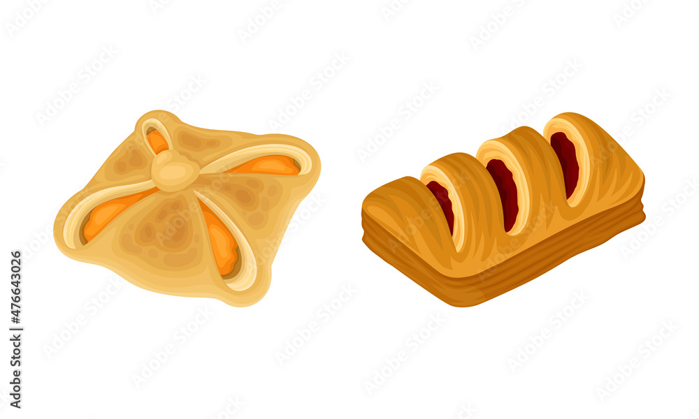 Puff pastry products for bakery menu set. Sweet buns with jam ...