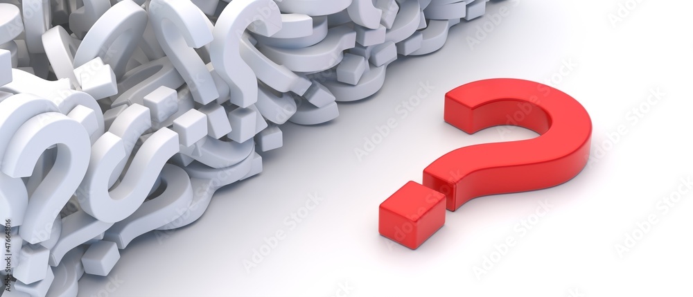 One red question mark on white color background, white question marks ...