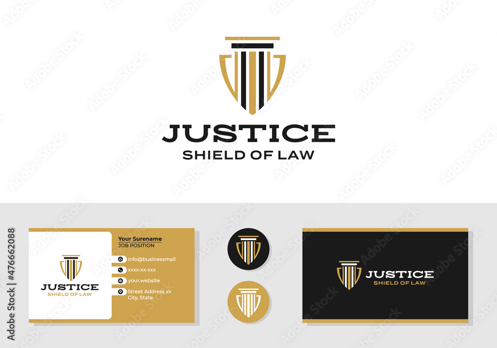 Pillar of law with shield. Justice lawyer logo and business card design ...