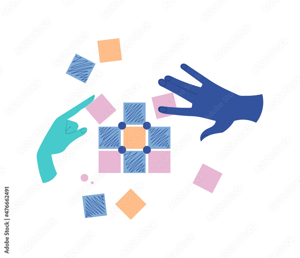 Hands with squares. Team assembles picture from small elements ...