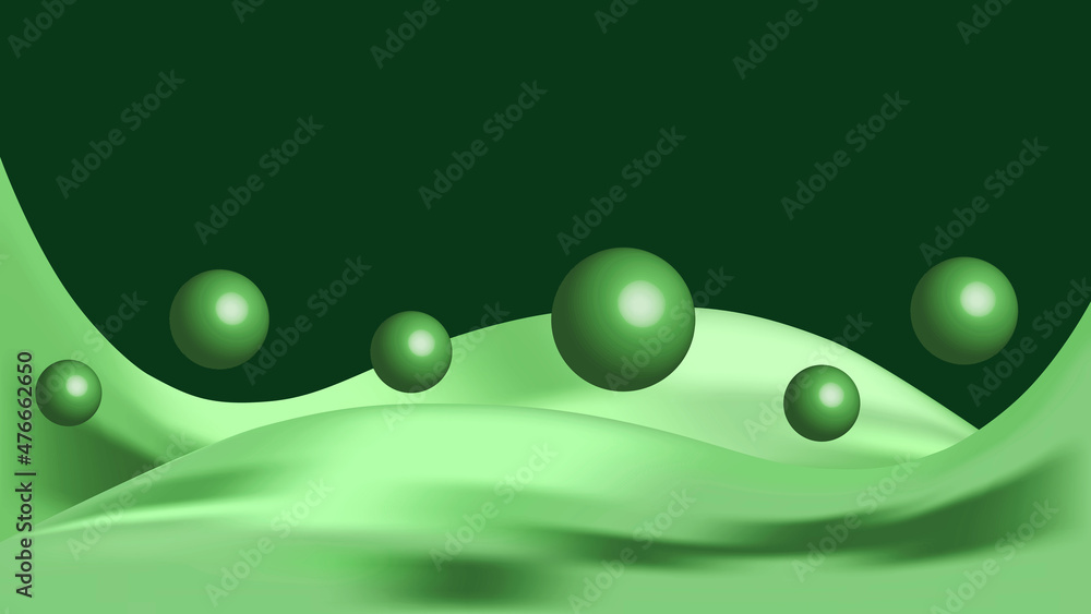 Abstract fresh pastel luminous waves with sphere balls on dark green ...