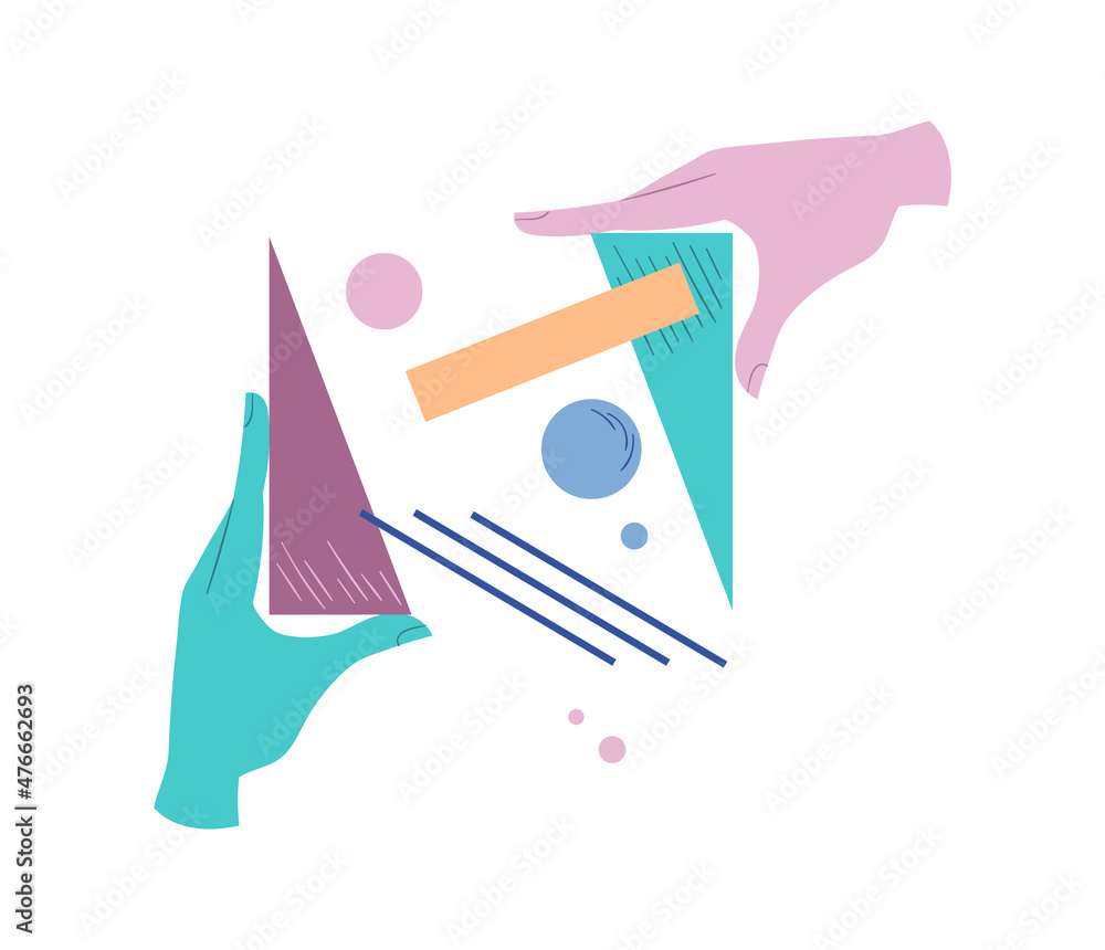 Hands with triangles. Metaphor of teamwork, designers from simple ...