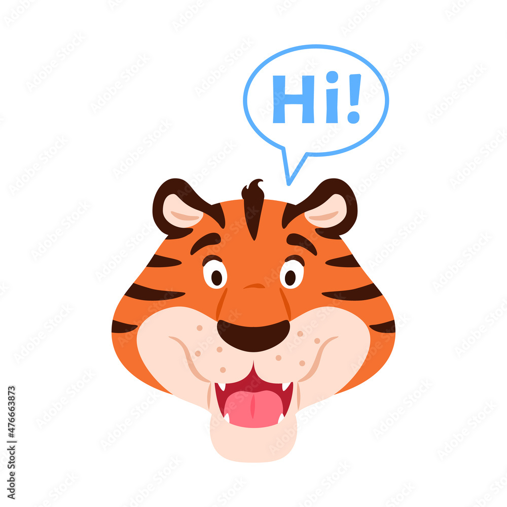 Flat talking smiling tiger say Hi face isolated on white background ...