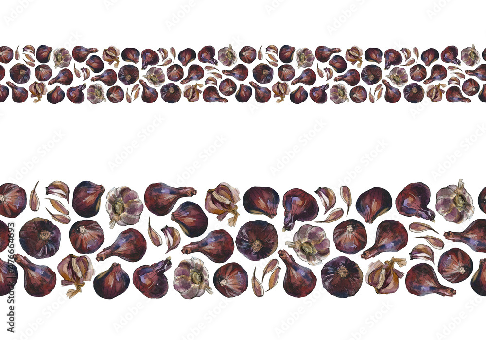Seamless border of red onion and garlic cloves and bulbs, isolated on ...