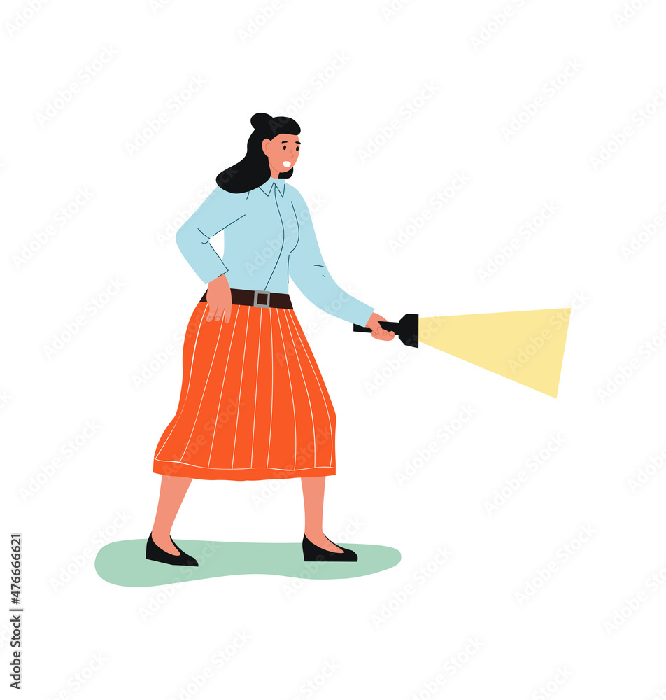 Woman searching something. Girl with flashlight looks into darkness ...