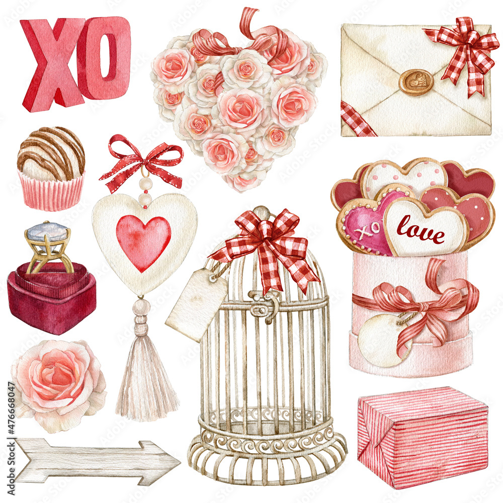 Watercolor valentines day set, romantic elements. Vintage rustic ...