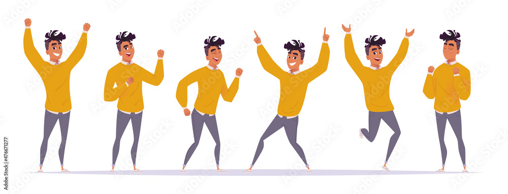 Set of different joyful poses and gestures of a young African American ...