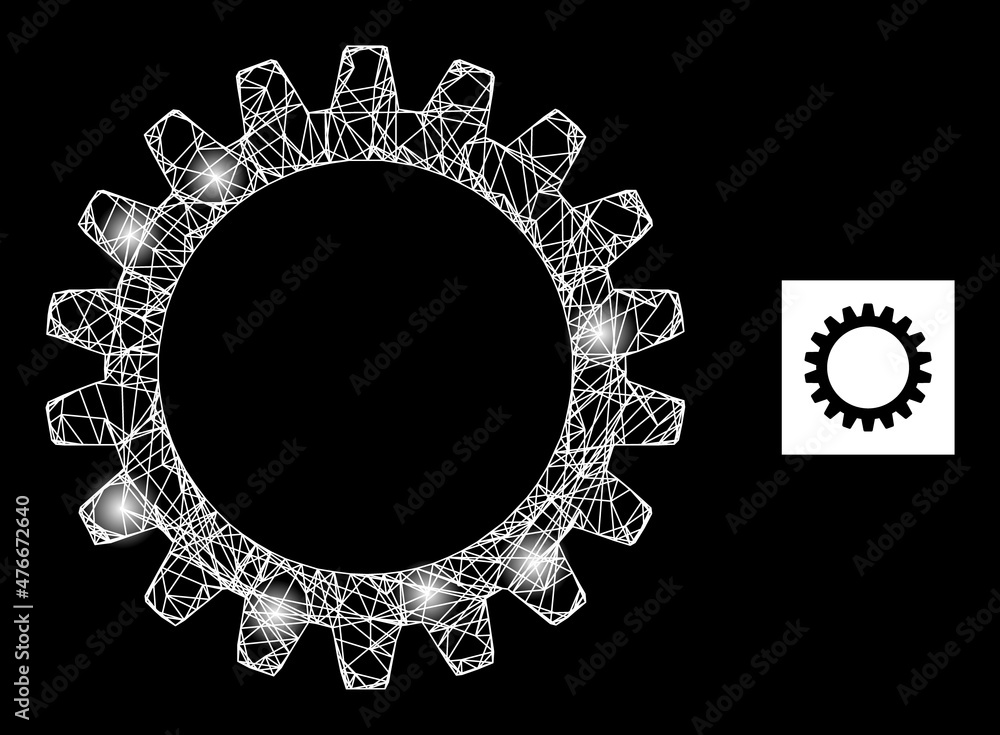 Glare net cogwheel icon with illuminated light spots. Illuminated model ...