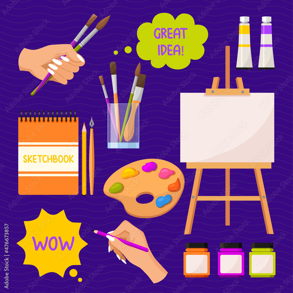 Tools and materials for painting and creature. Art supplies: paint ...