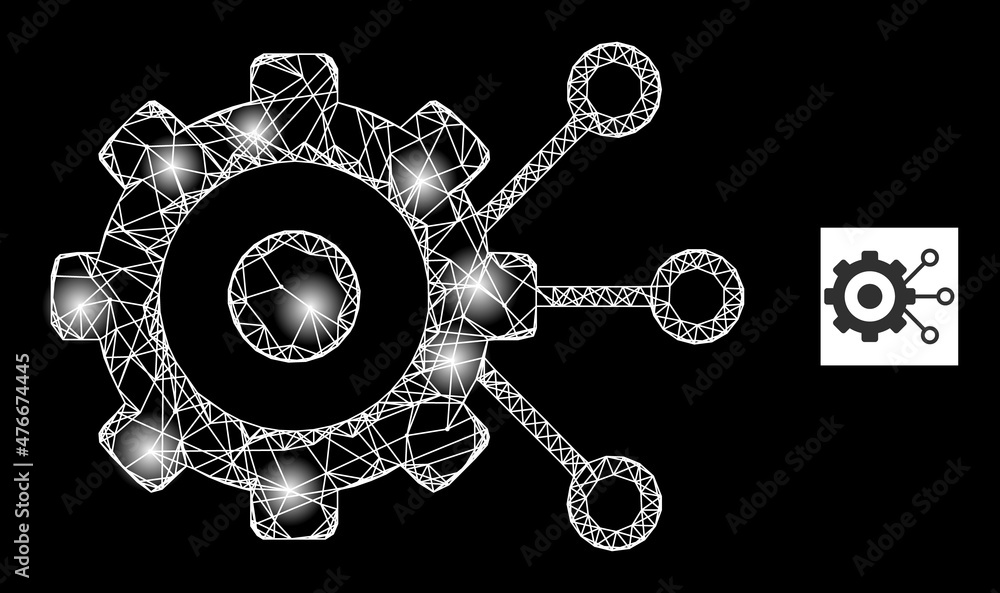 Glowing crossing mesh gear connections icon with glowing light spots ...