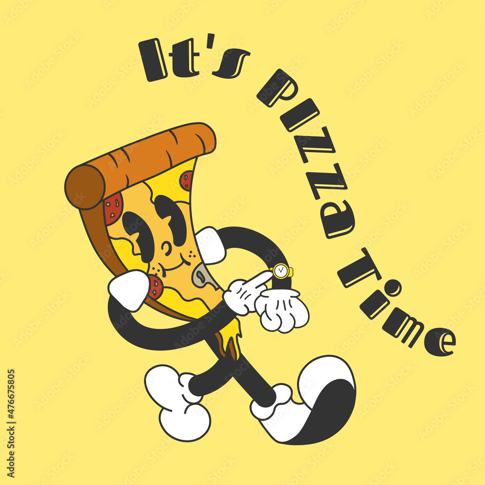 Retro grunge vintage 1930s comic cartoon character slice of pizza. It's ...