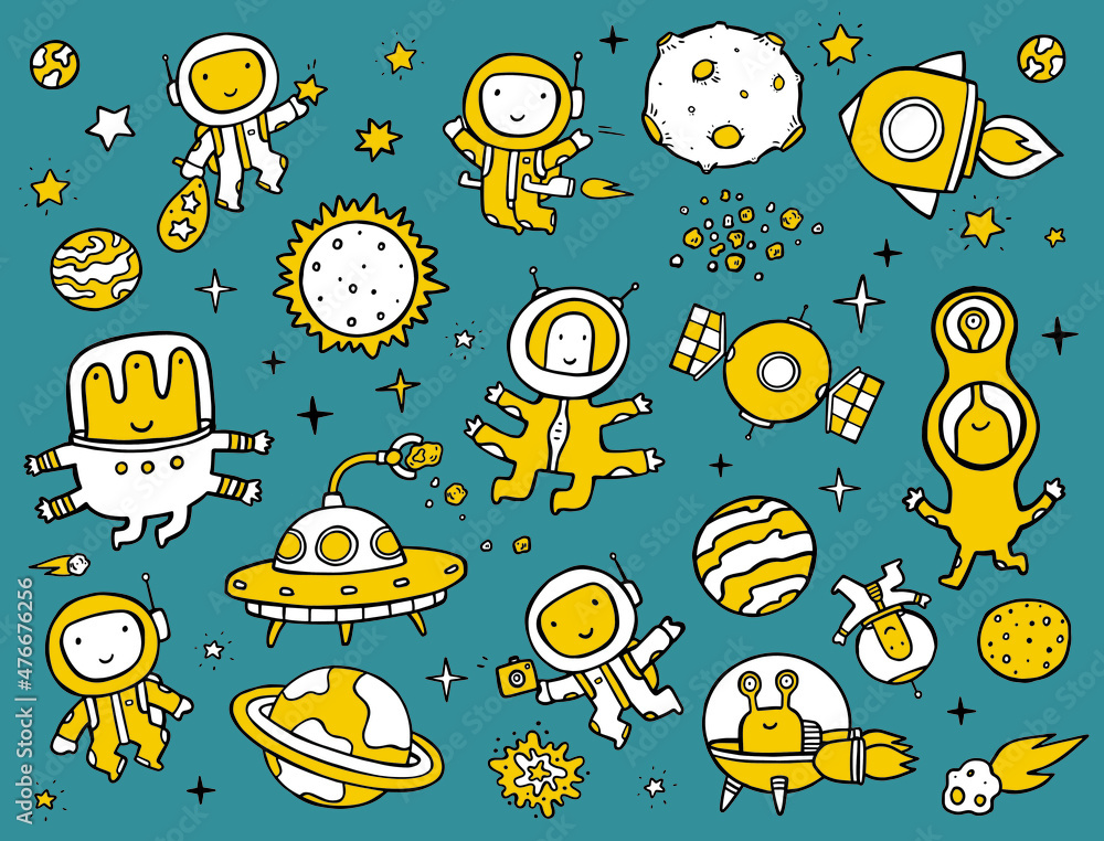 Big collection of aliens and astronauts. For kids, hand drawings ...