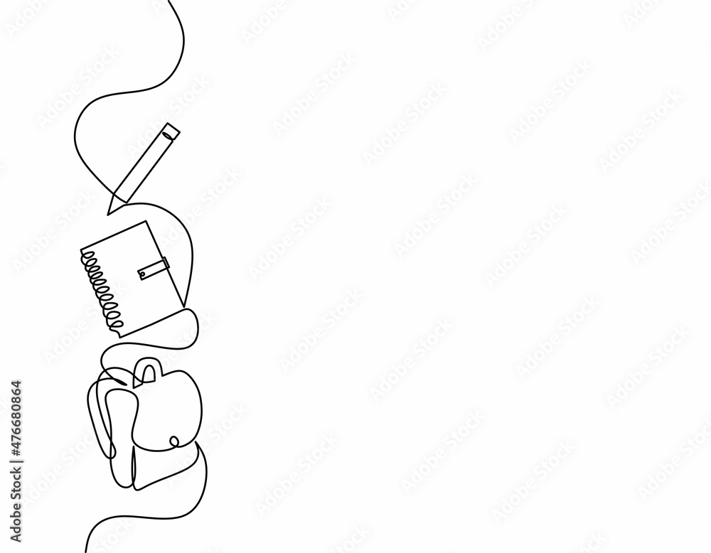 Continuous line drawing of book pencil and bag, back to school, object ...
