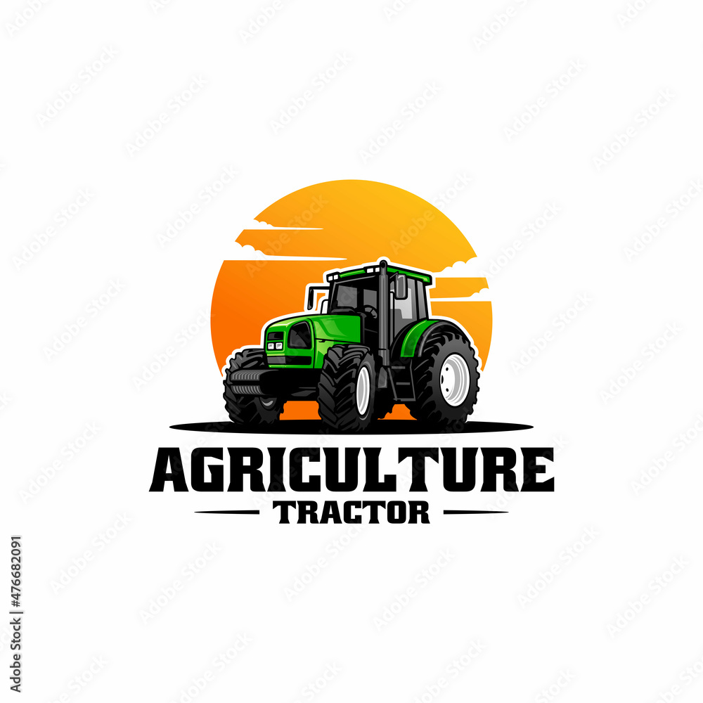Green agricultural tractor with sky background logo design Stock ...
