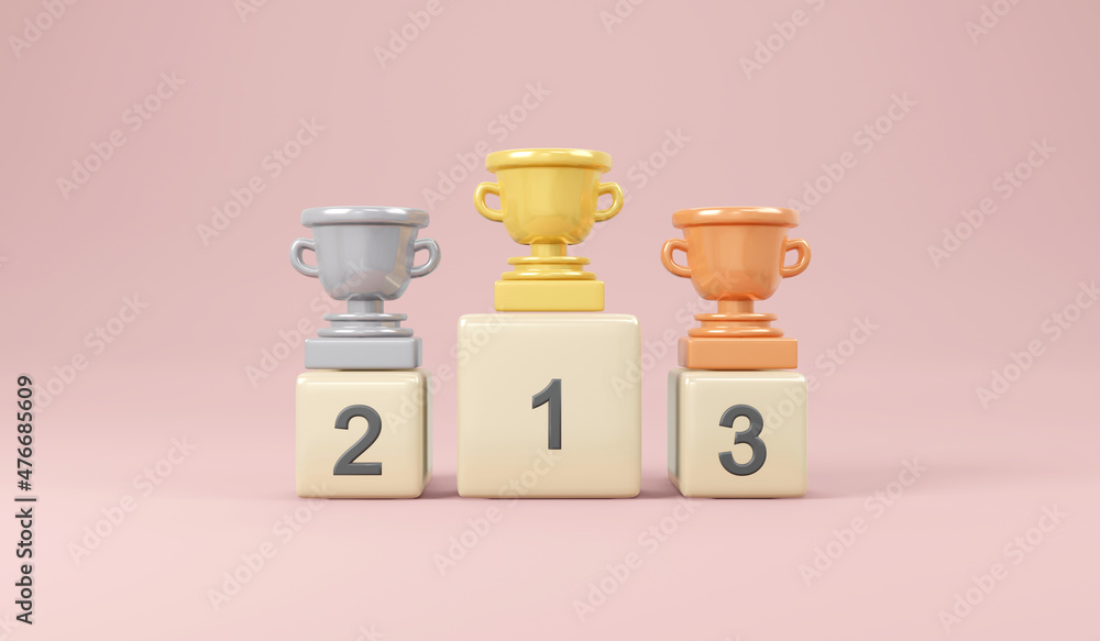 3D Rendering concept of winner. Set of trophy in gold silver bronze on ...