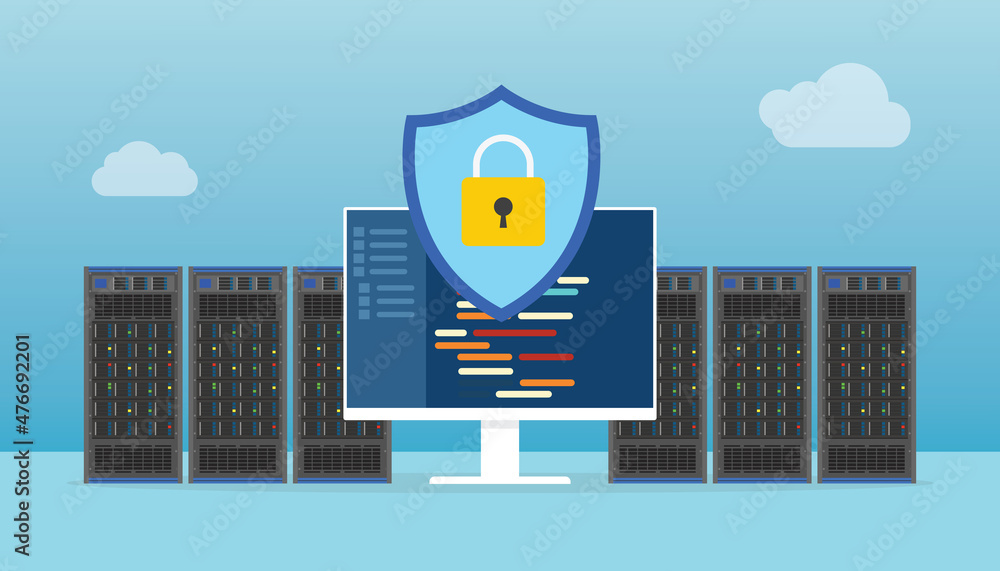 data center security concept with server rack and programming secure ...
