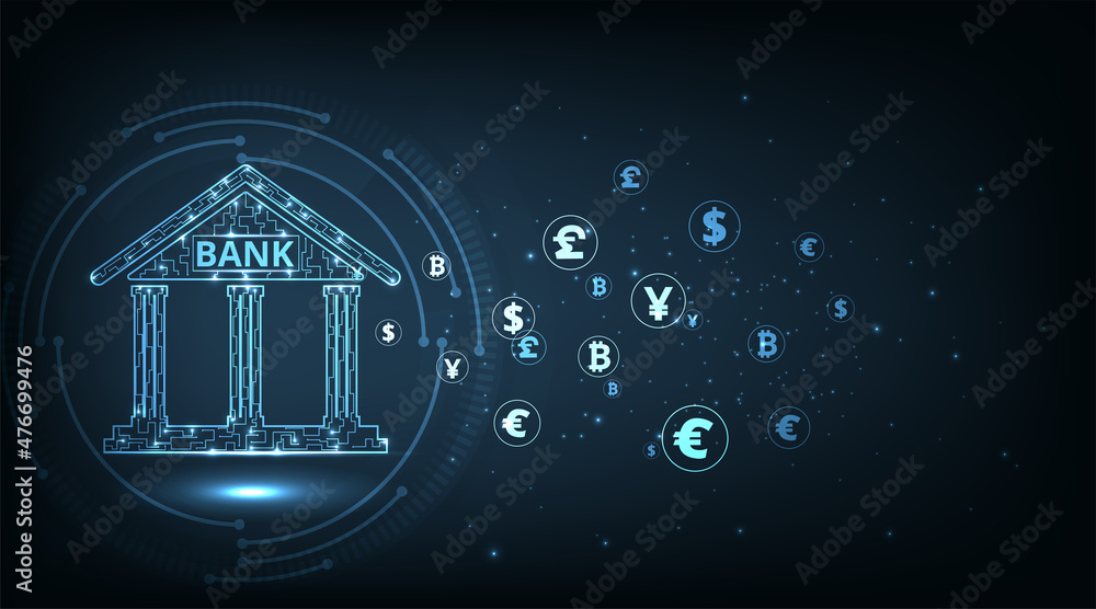 Banking Technology concept.Isometric illustration of bank on dark blue ...