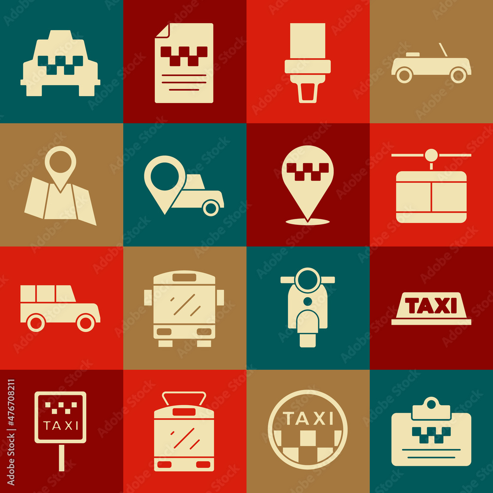 Set Taxi driver license, car roof, Cable, Safety belt, Location with ...