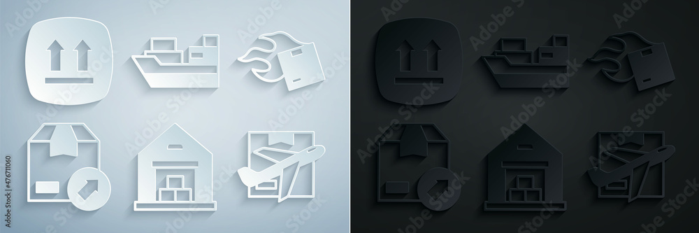 Set Warehouse, Carton cardboard box, Plane and, Cargo ship with boxes ...