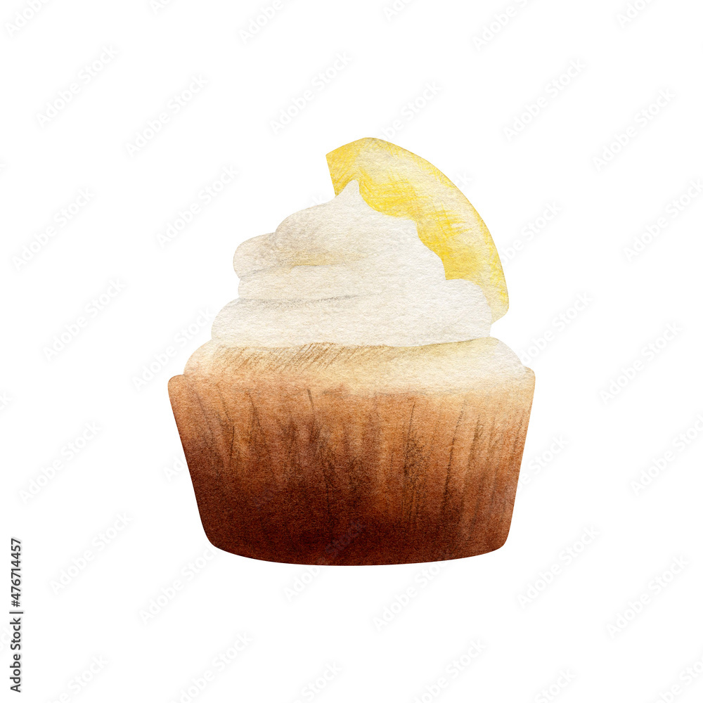 Watercolor lemon muffin cupcake with white cream illustration. Hand ...