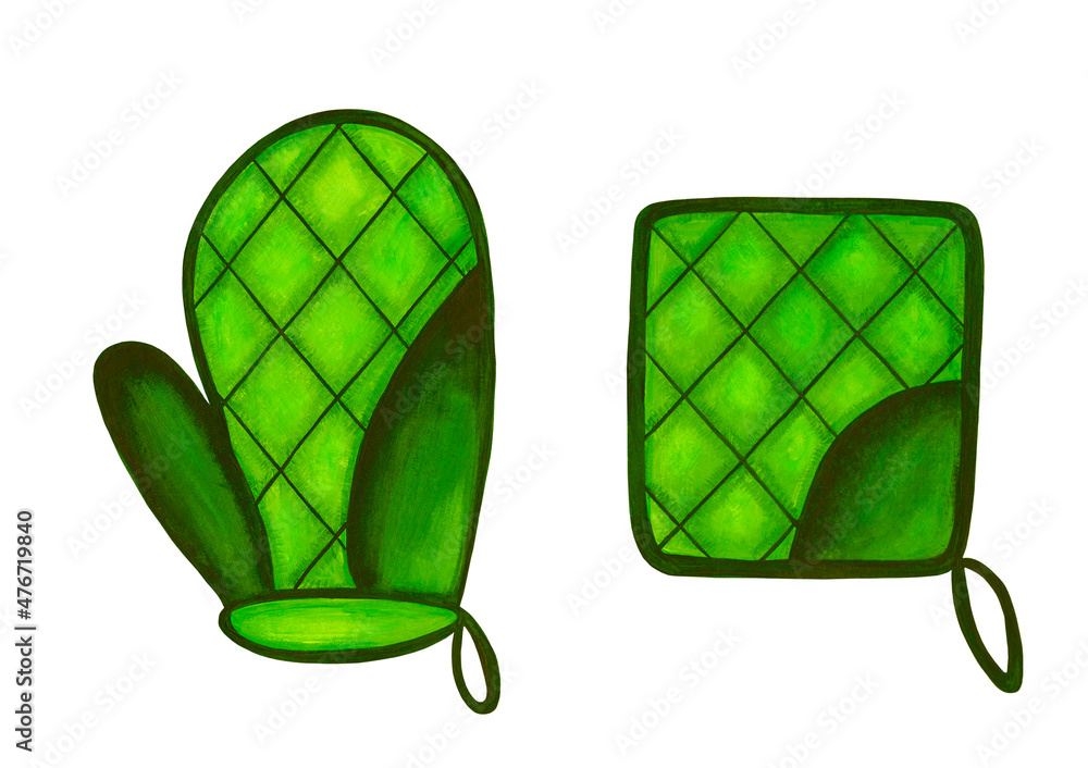 Set of green oven mitts for hot dishes isolated on white background ...