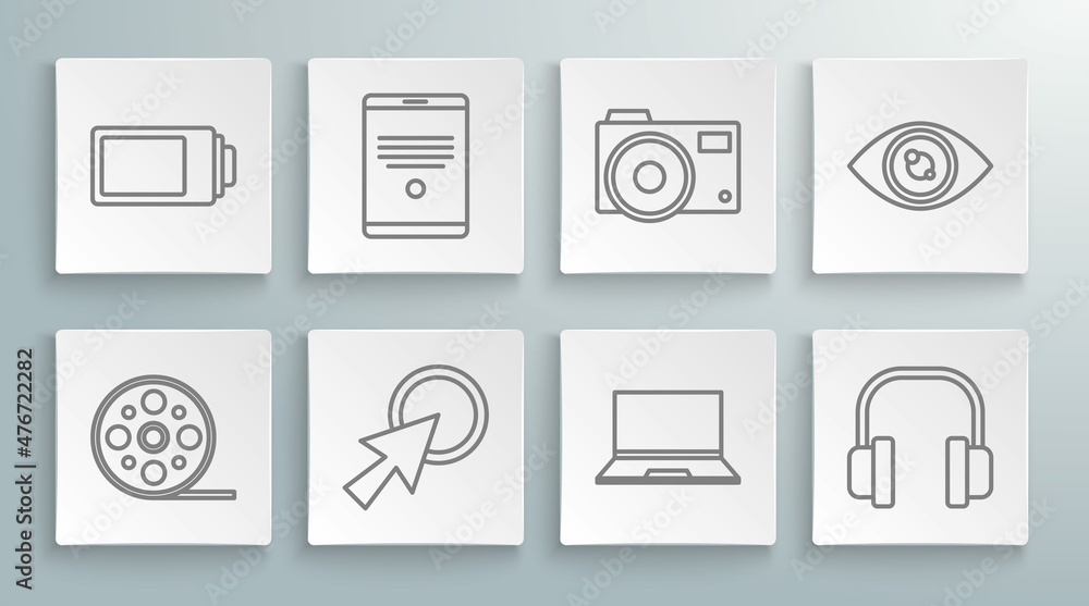 Set line Film reel, Tablet, Arrow cursor, Laptop, Headphones, Photo ...