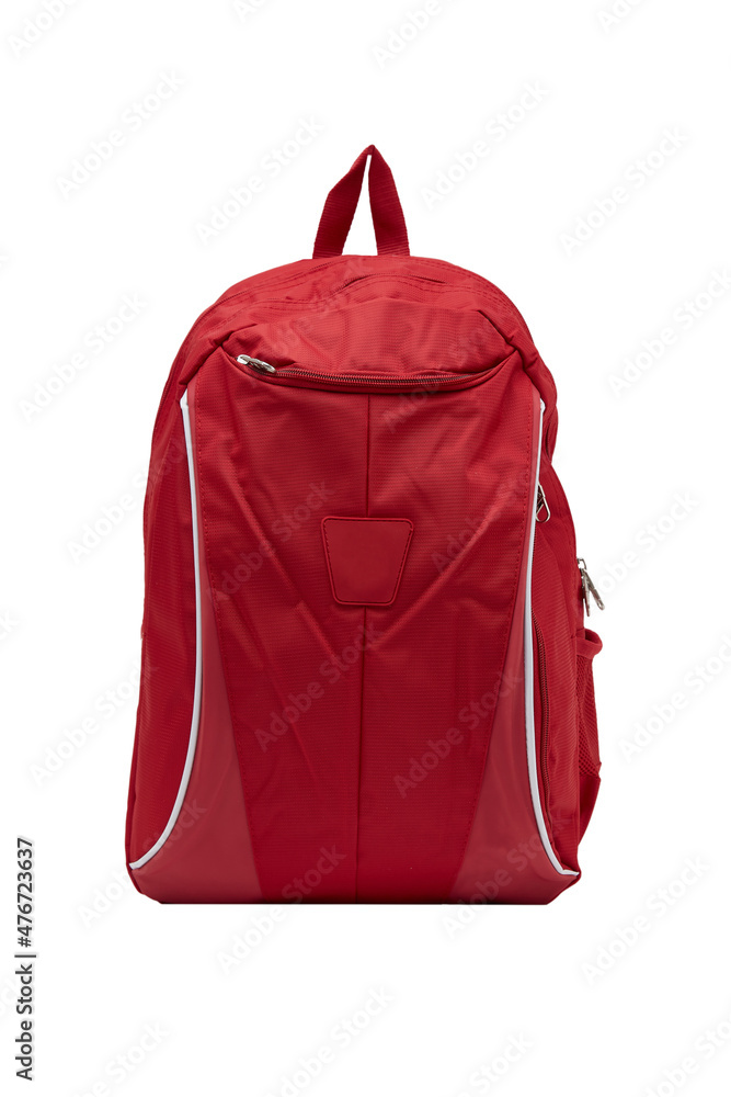 Backpack in red color for travel and outdoor activities on an isolated ...