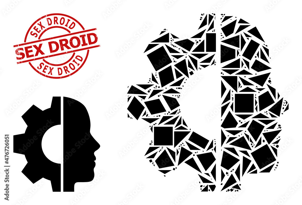 Simple Geometric Cyborg Head Mosaic And Sex Droid Scratched Stamp Print