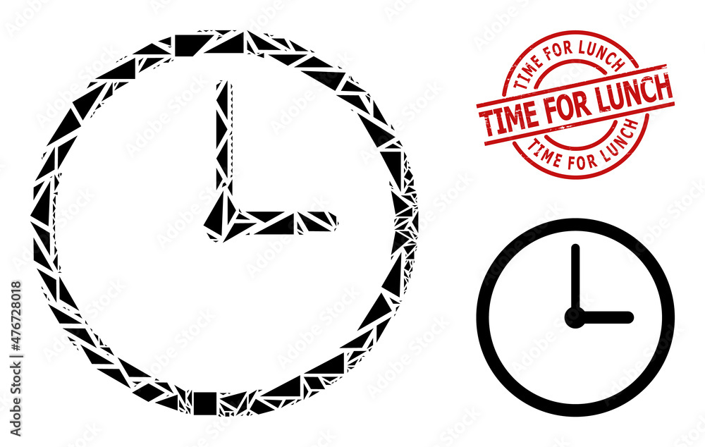 Simple geometric clock mosaic and Time for Lunch scratched stamp. Red ...