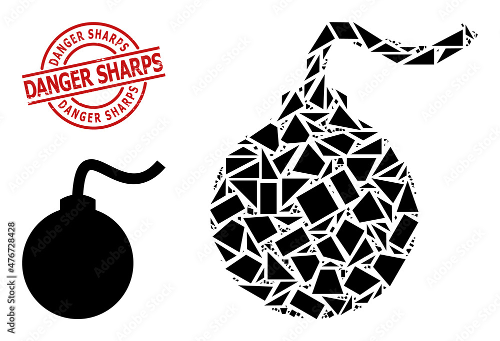 Simple geometric bomb mosaic and Danger Sharps scratched stamp seal ...