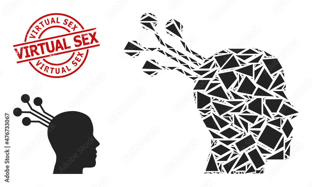 Simple Geometric Brain Machine Interface Mosaic And Virtual Sex Grunge Stamp Print Red Stamp