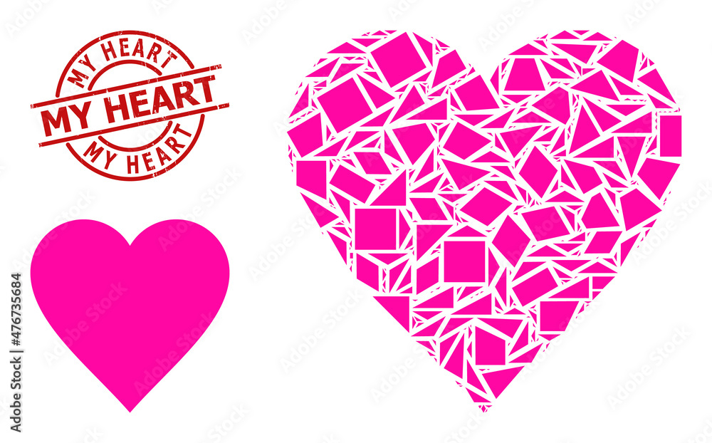 Simple geometric heart mosaic and My Heart rubber stamp. Red stamp seal ...
