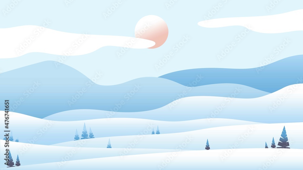 Panoramic winter landscape with waves. Pink sun, white clouds and ...