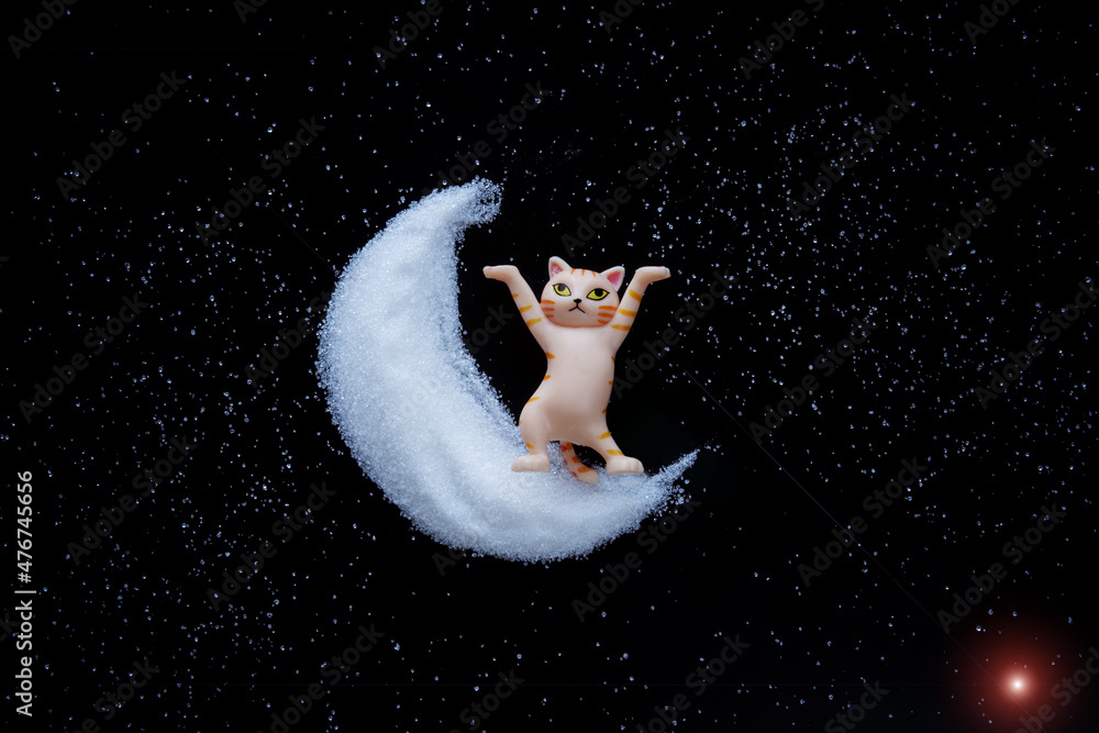 Funny toy ginger cat sits on the moon made of white powder. Black ...
