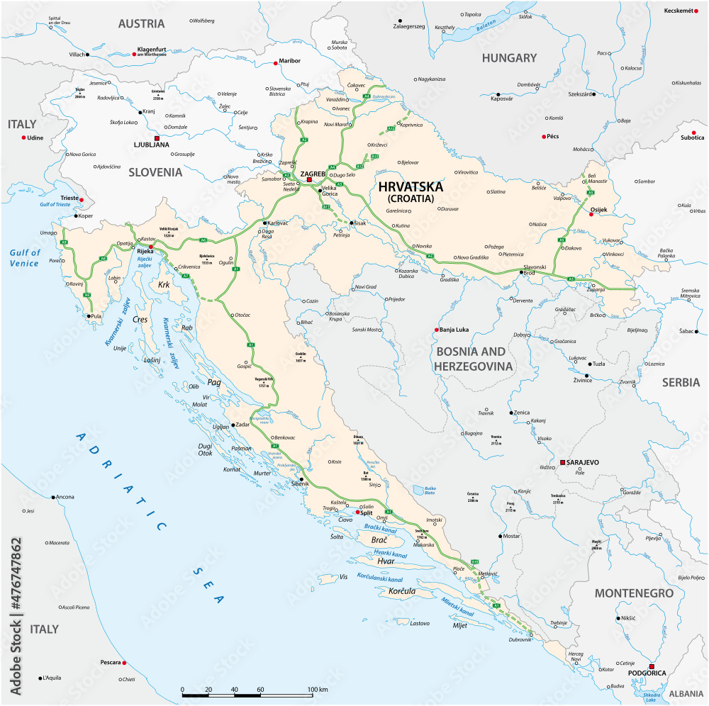 vector map of highways and main cities of Croatia Stock Vector | Adobe ...