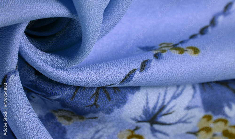 Crepe de Chin. pale blue, brown flowers. This is a group of silk ...