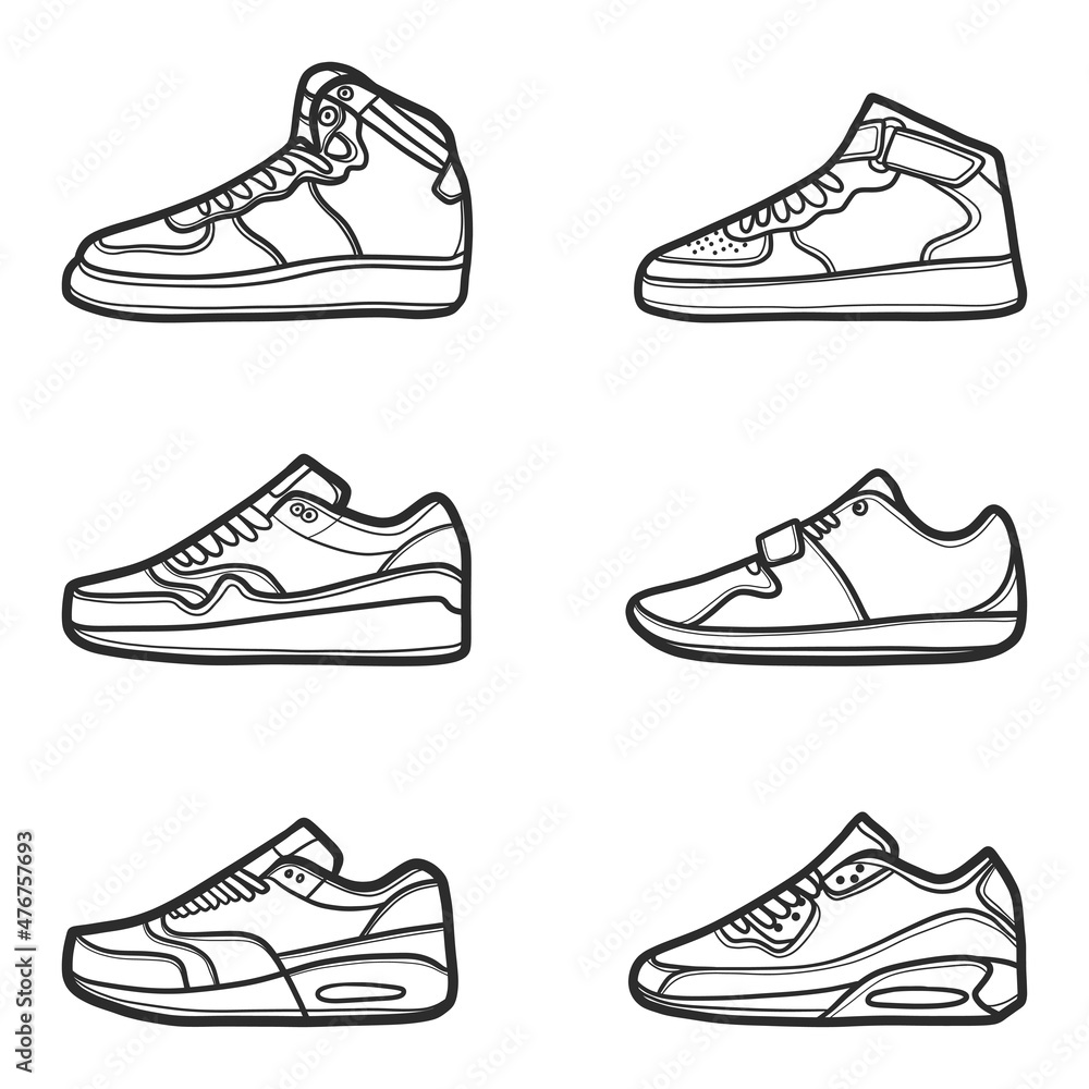 Hand Drawn sneaker collection outline. drawing vector, black line ...