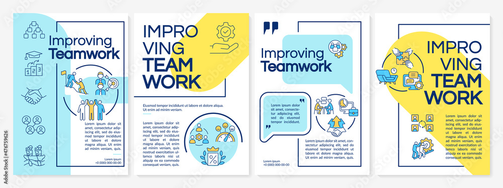 Improving teamwork blue and yellow brochure template. Booklet print ...