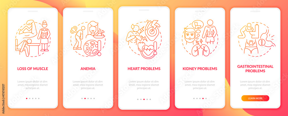 Anorexia complications red gradient onboarding mobile app screen. Anemia walkthrough 5 steps ...