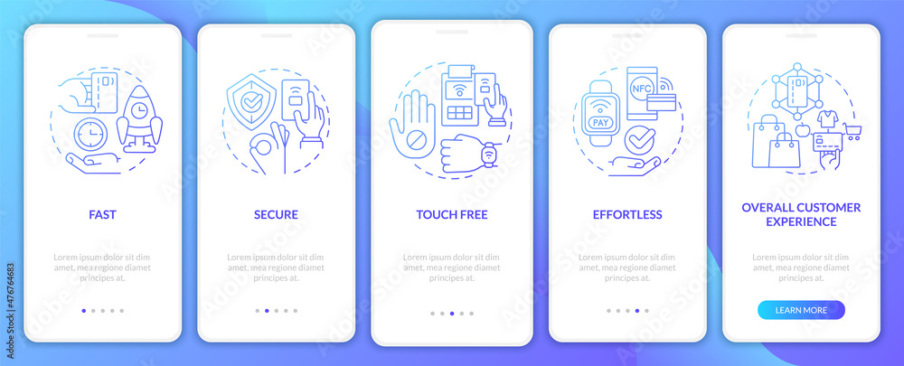 Contactless pay pros blue gradient onboarding mobile app screen ...