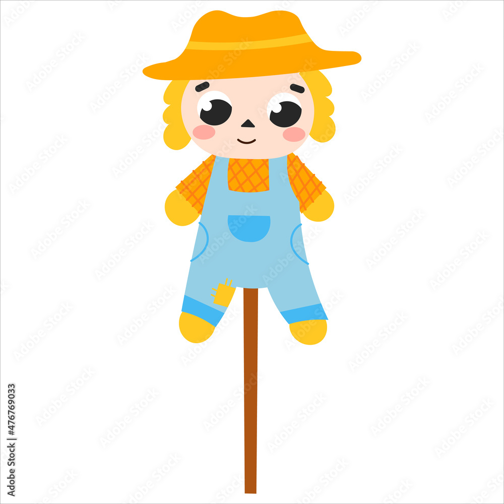 Cute scarecrow character in cartoon style isolated on white background ...