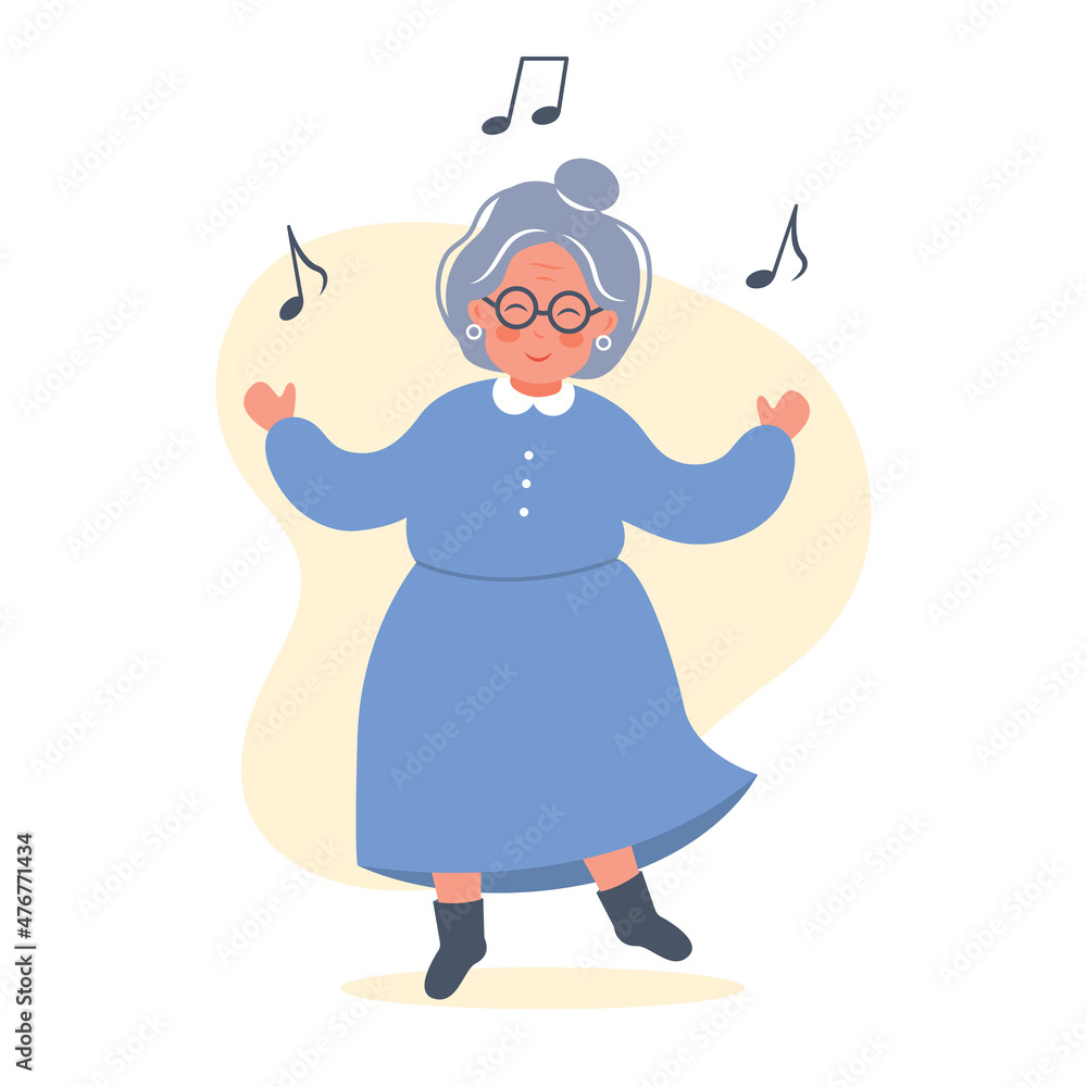 Cute old lady dancing. Funny granny in glasses. Elderly gray-haired ...
