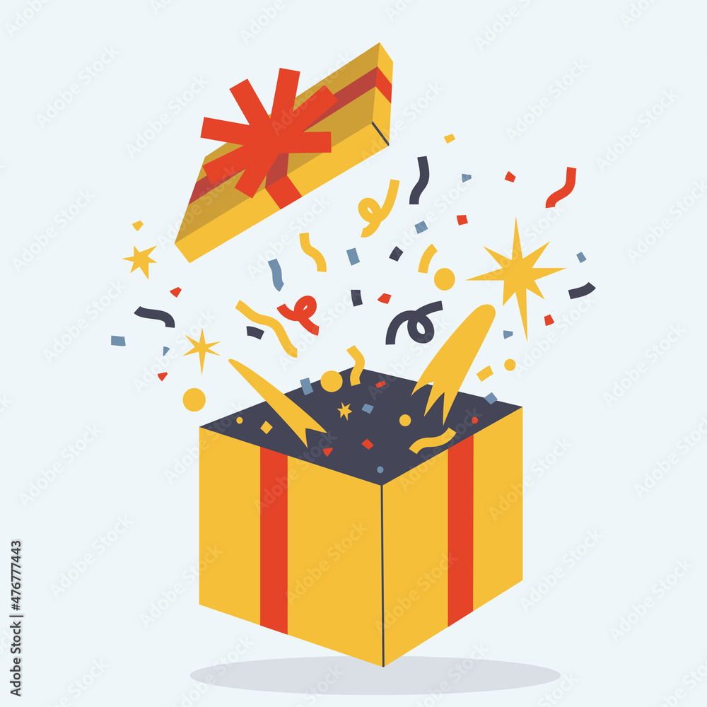 Opened gift box with confetti. Surprise concept. Hand drawn vector ...