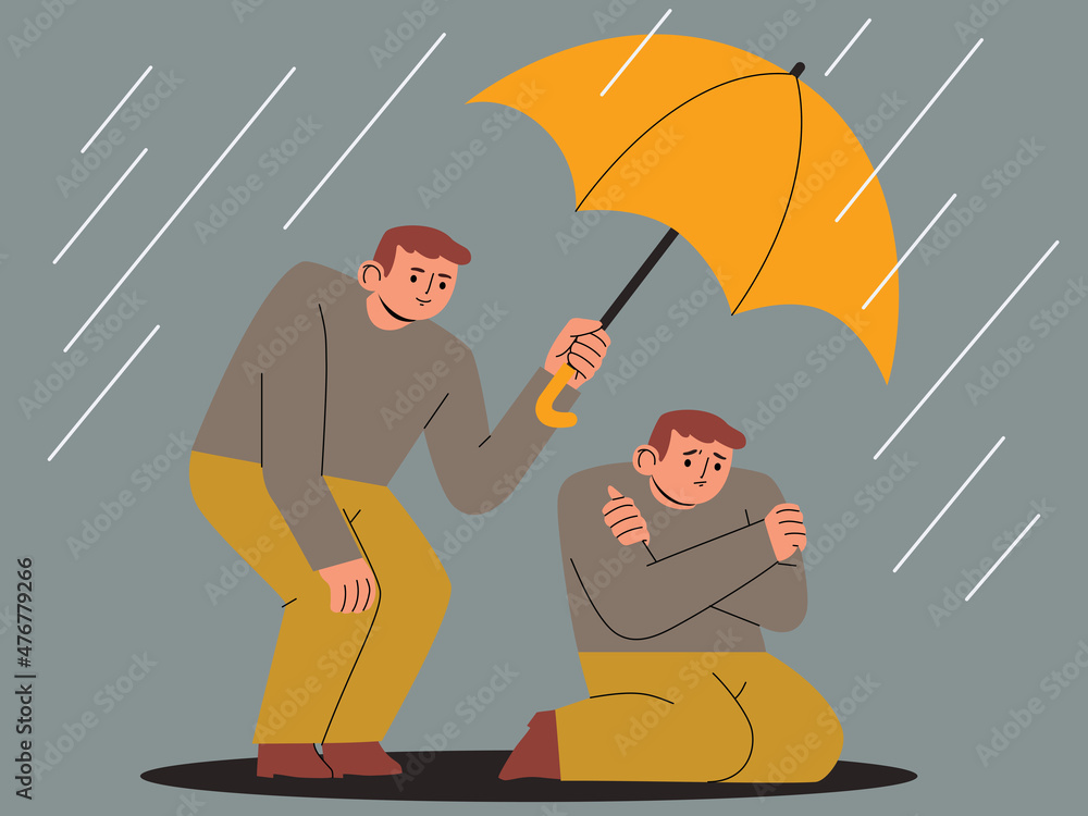 Happy man holding an umbrella to protect himself from rain. Love ...