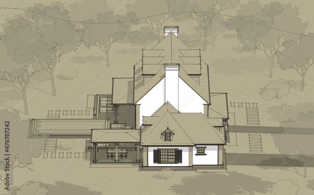 3d rendering of modern cozy classic house in colonial style with garage ...