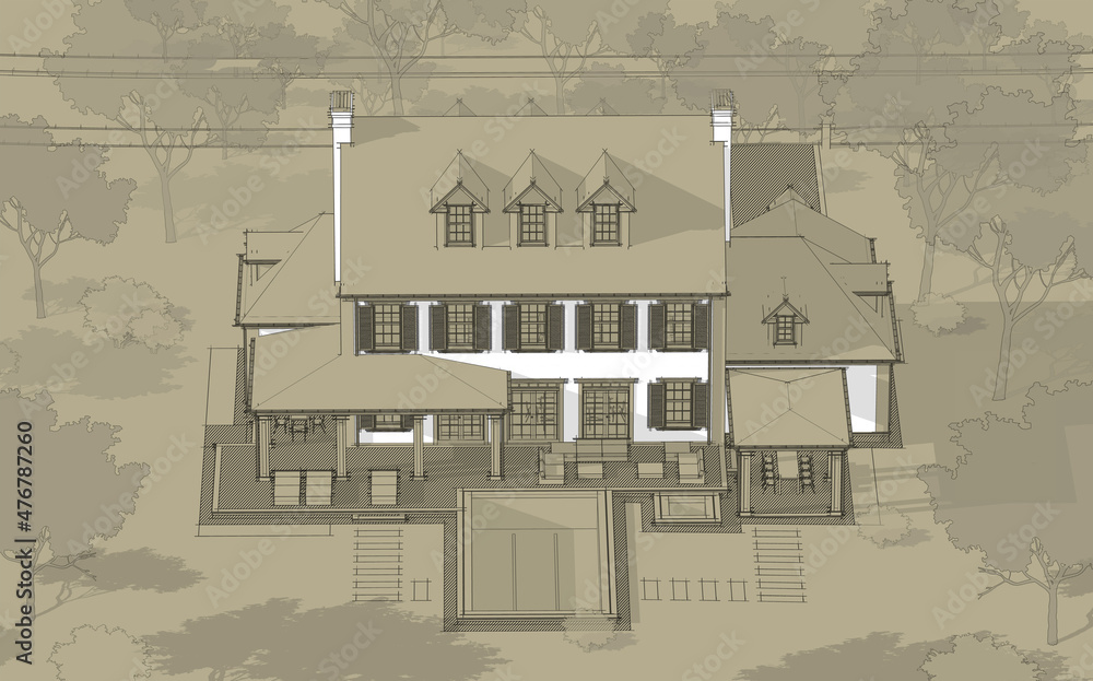 3d rendering of modern cozy classic house in colonial style with garage ...